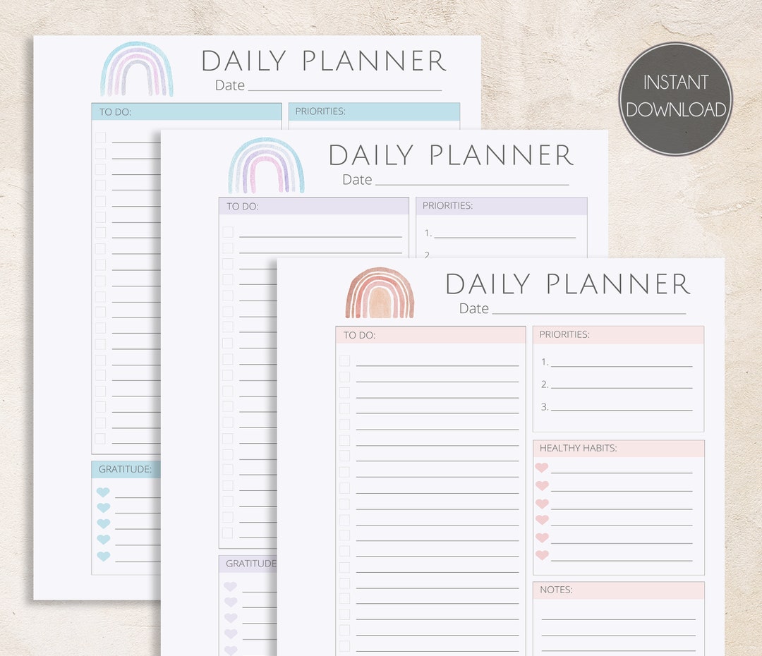 Rainbow Daily Planner Printable • 3 Pastel Colors • A4, A5, US Letter ...