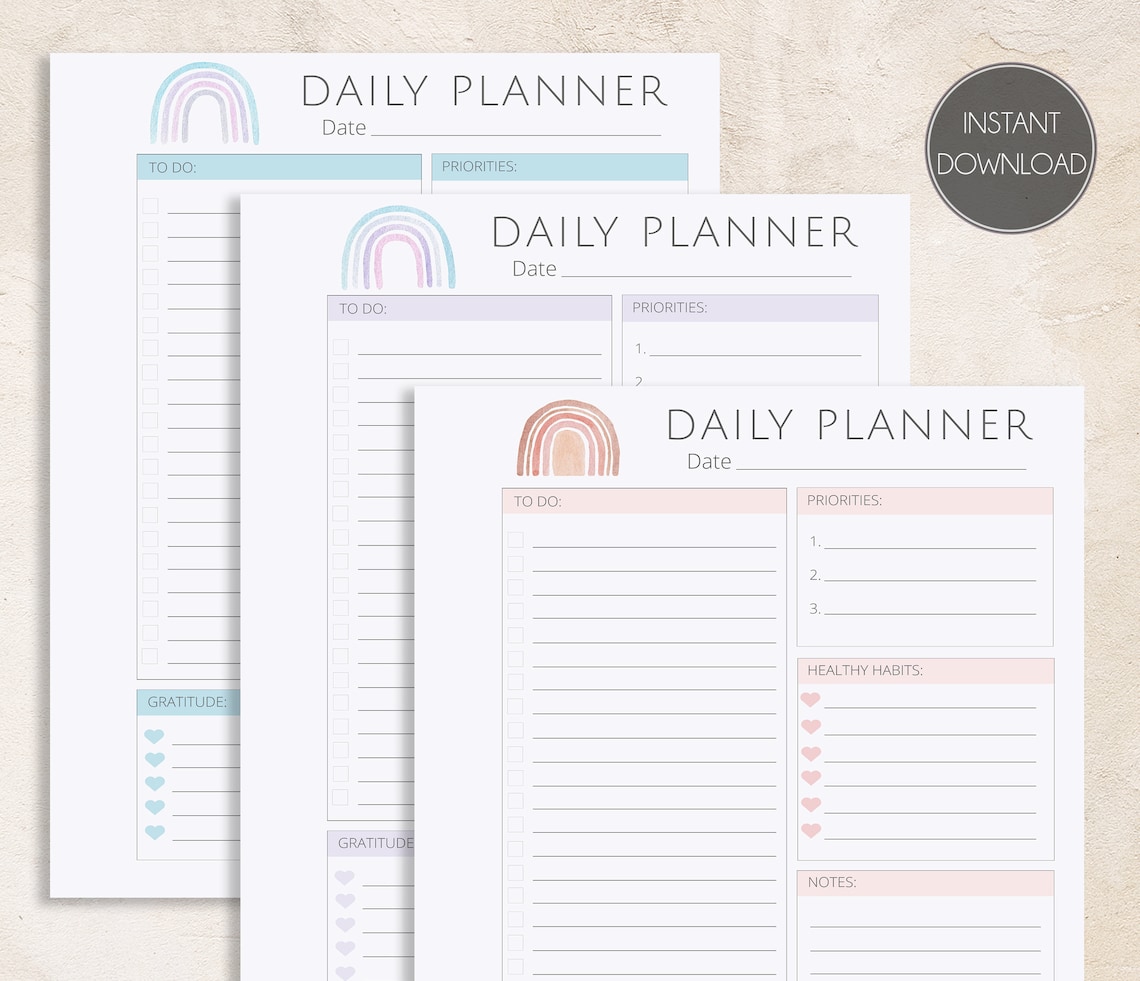 Rainbow Daily Planner Printable 3 Pastel Colors A4 A5 US - Etsy