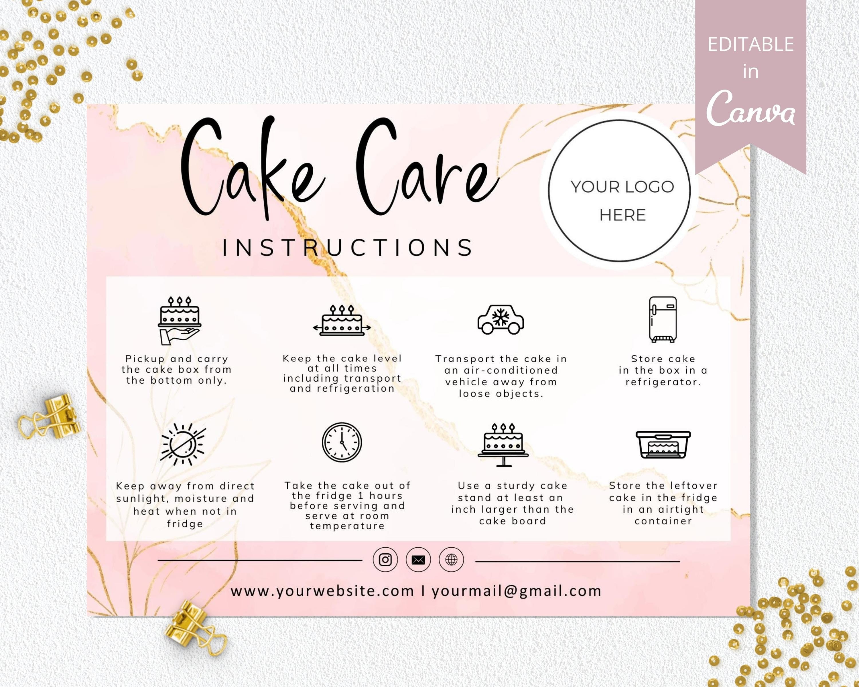 Editable Cake Care Card Canva Template for Small Business Printable ...