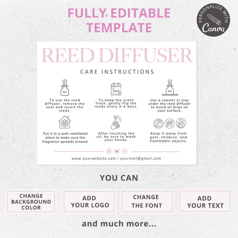 Reed Diffuser Care Instructions - Editable Canva Template, Care Cards ...