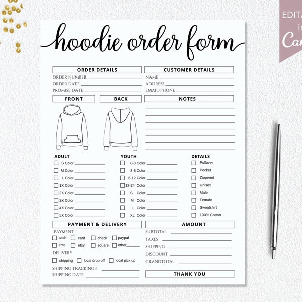 Hoodie Order Form Template - Etsy