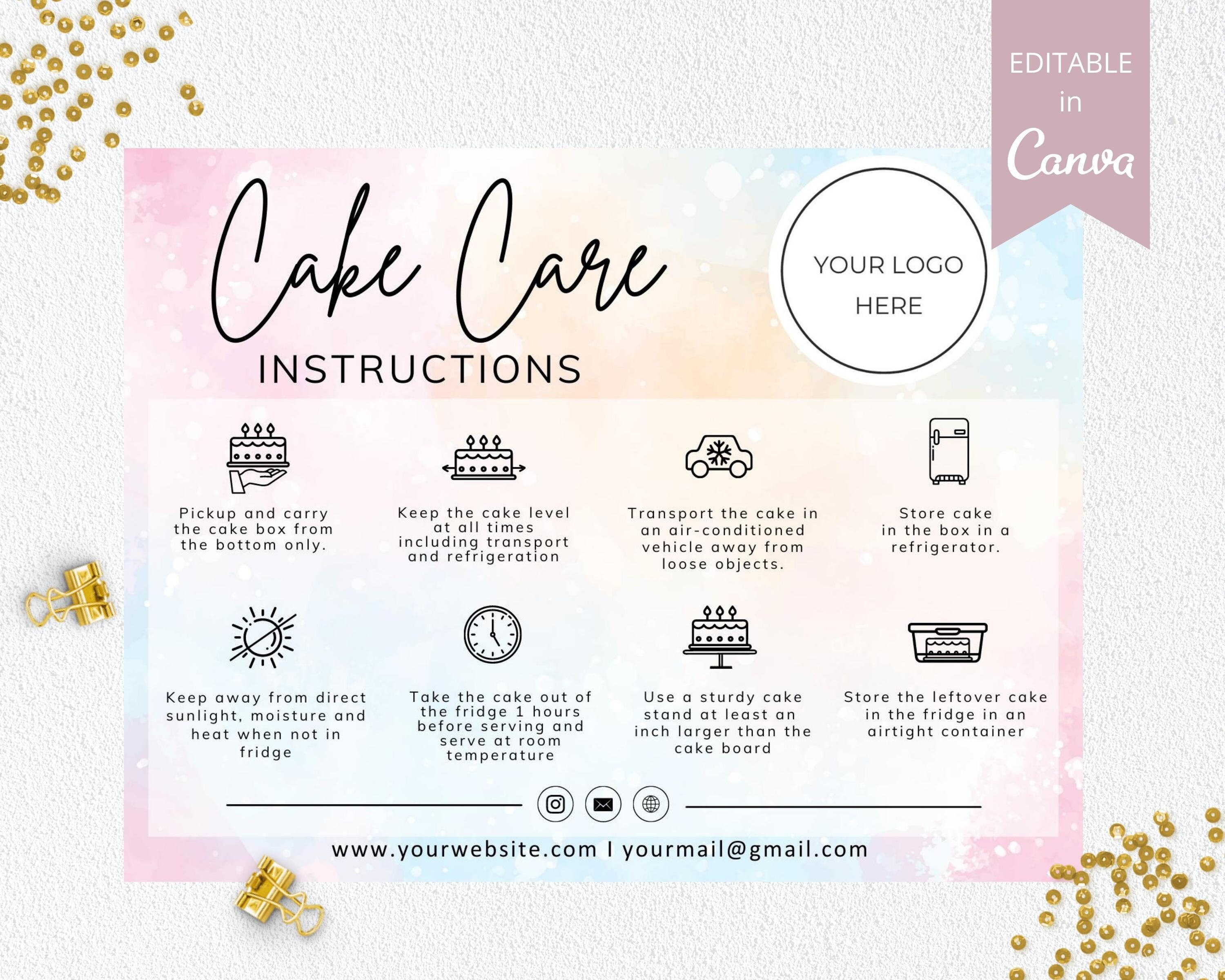 Cake Care Card Template Canva Editable Wedding Cake Care | Etsy