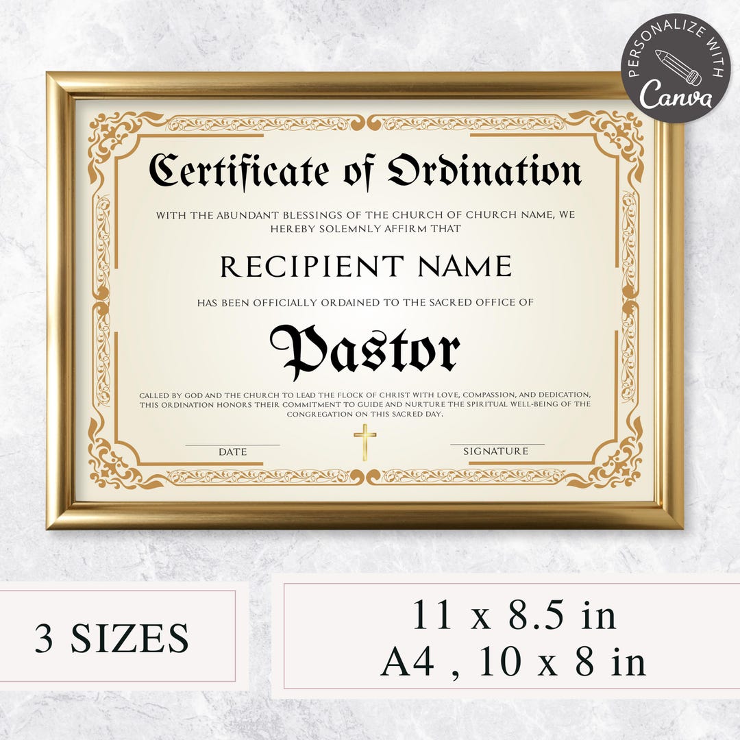 Editable Pastor Ordination Certificate Template, Printable Canva ...