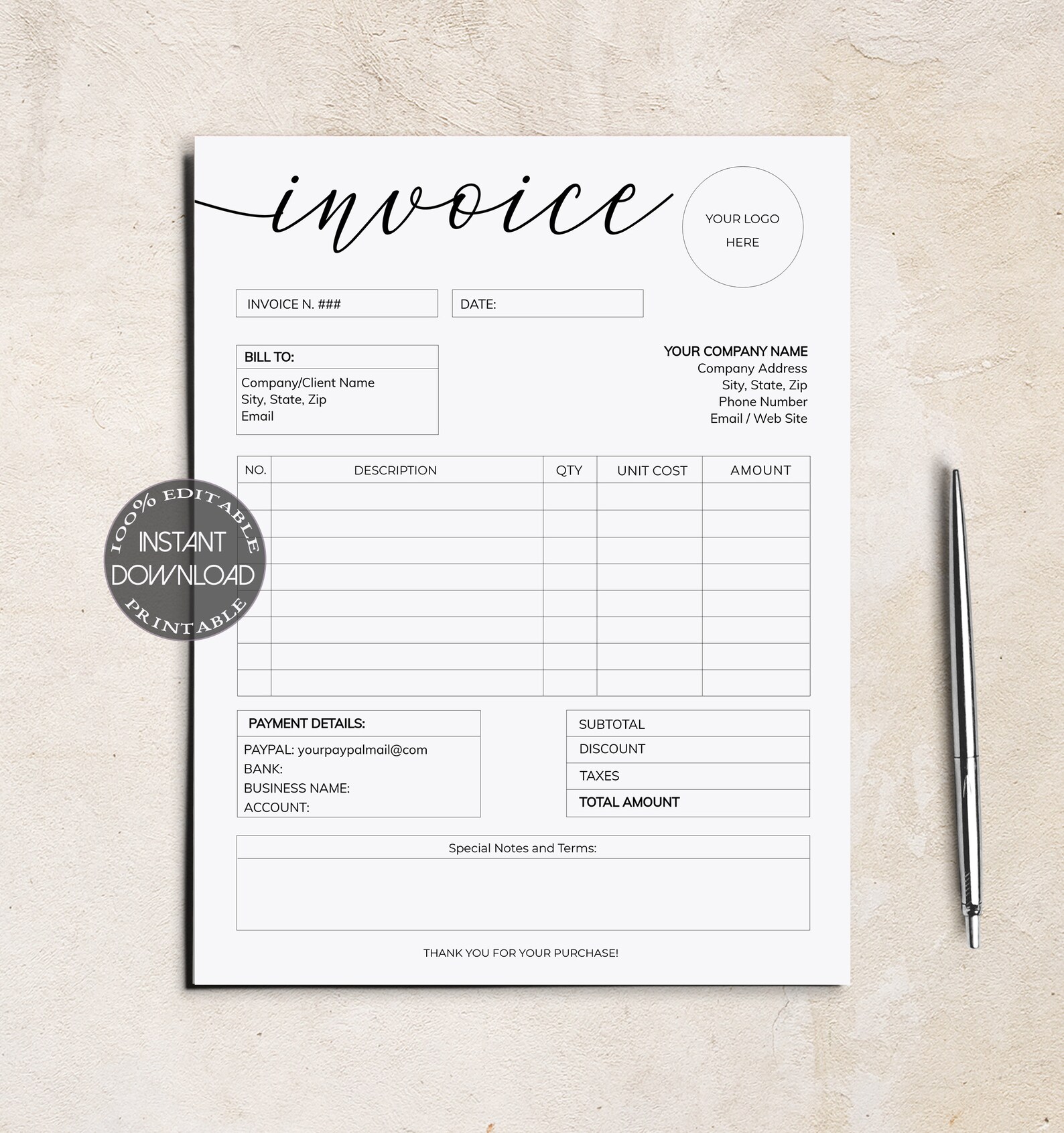 Invoice Template | Printable Invoice | Custom Order Forms | Photography ...