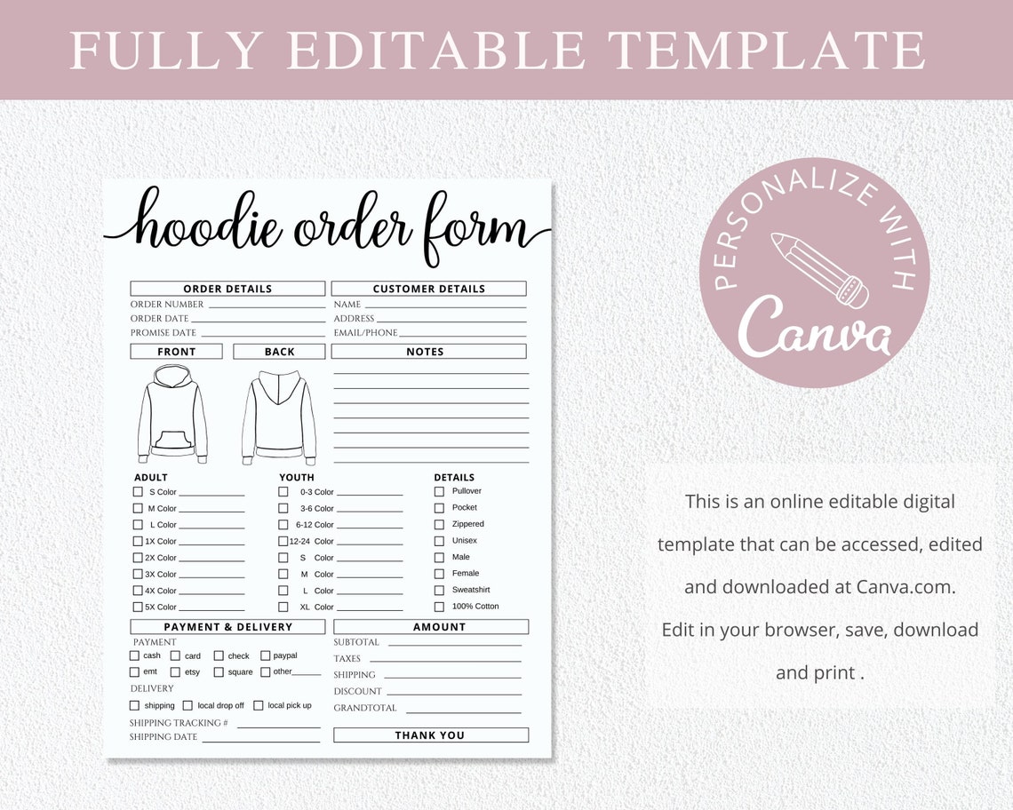 Hoodie Order Form Template I Editable Canva Invoice Template I T-shirt ...