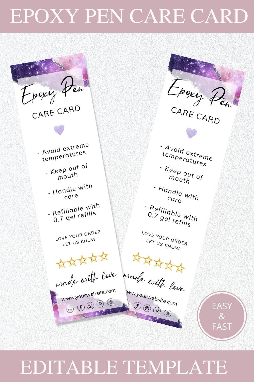 Editable Epoxy Pen Care Card Template Galaxy Printable Pens - Etsy