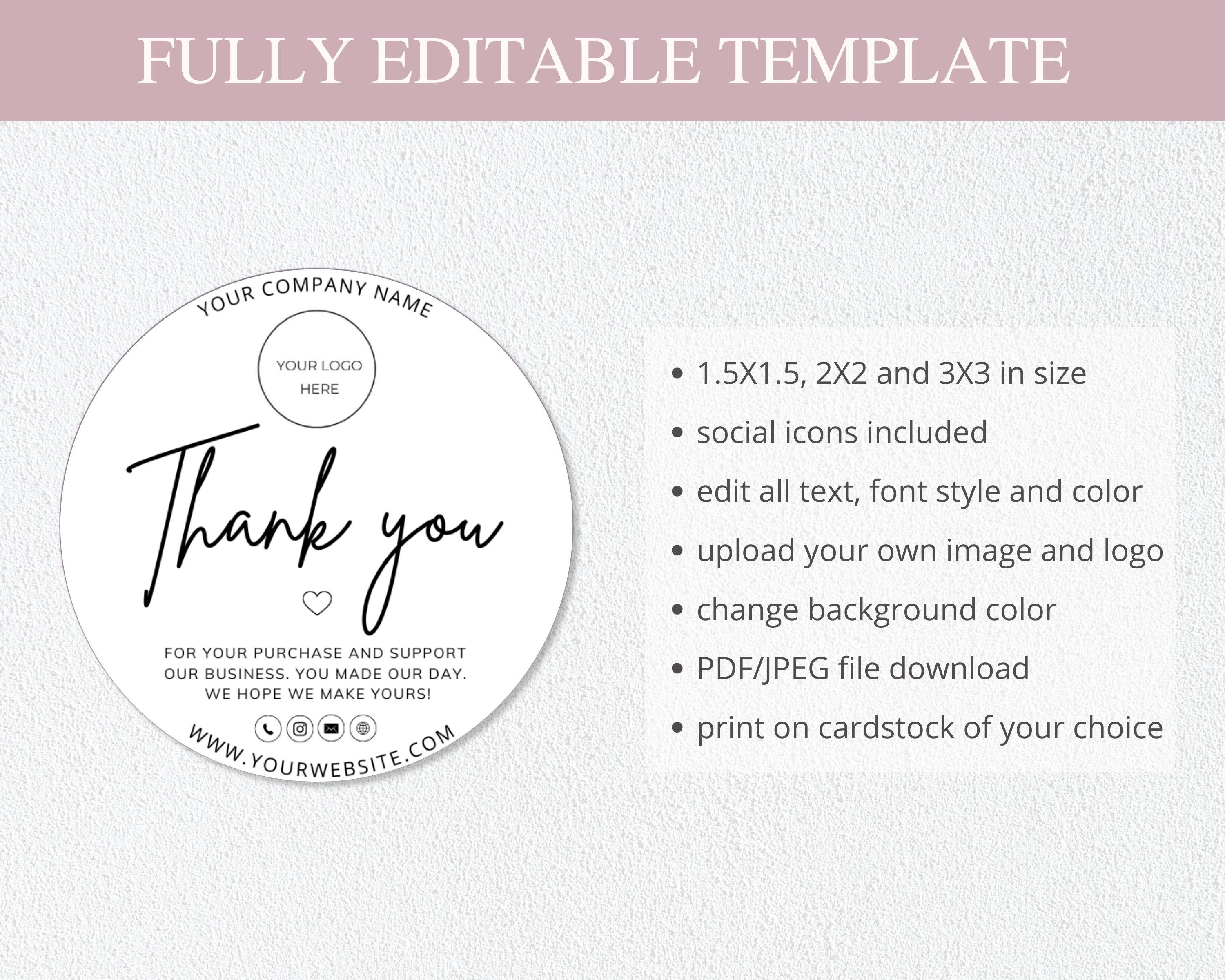 Editable Thank You Sticker, Editable Canva Template, Thank You Card for ...