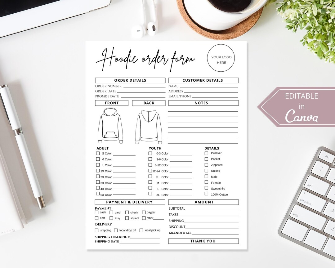 Hoodie Order Form Template I Editable Canva Invoice Template I T-shirt ...