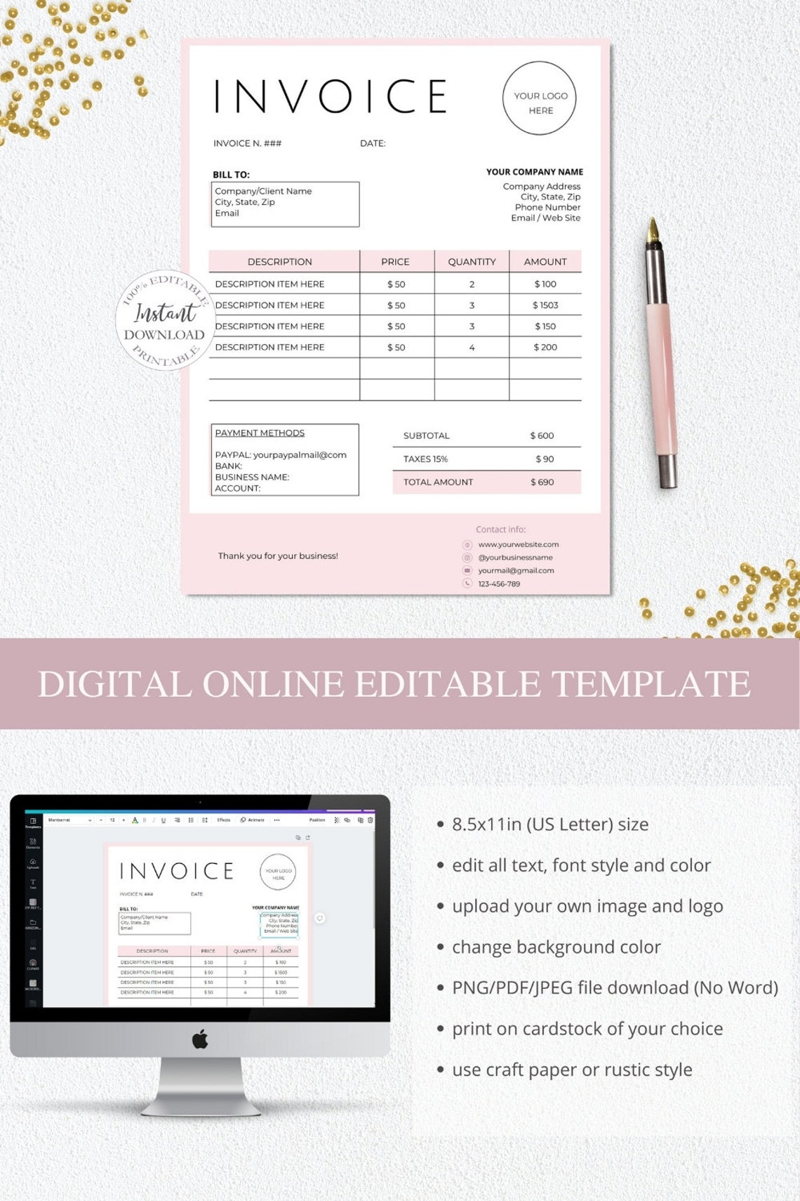Editable Invoice Template for Small Business Digital Order | Etsy
