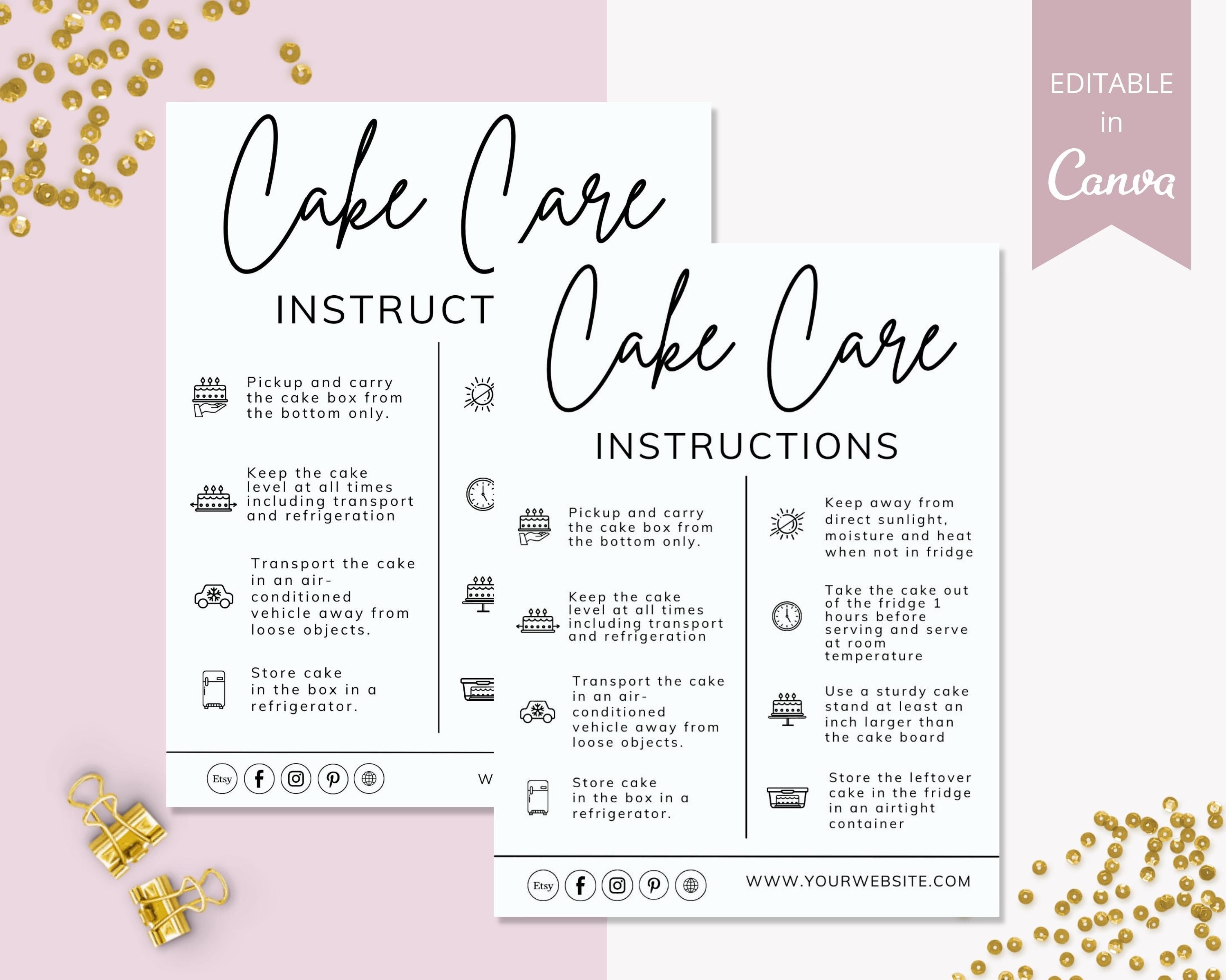 Templates Cake Care Card Template Small Business Bakery Care Guide 