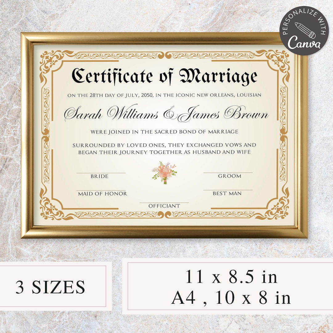 Editable Marriage Certificate Canva Template | Custom Wedding Keepsake ...
