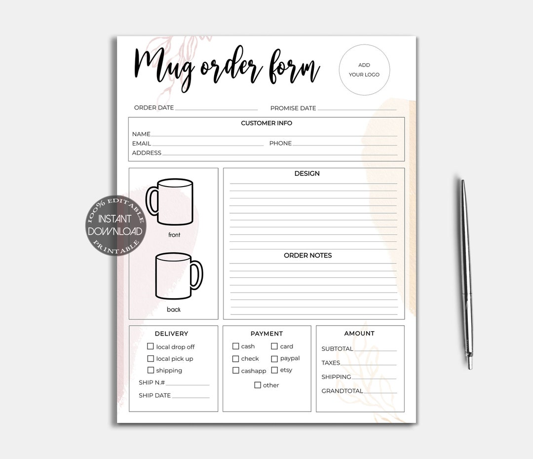 Mug Order Form Template, Coffee Cup Printable Order Form, Editable ...