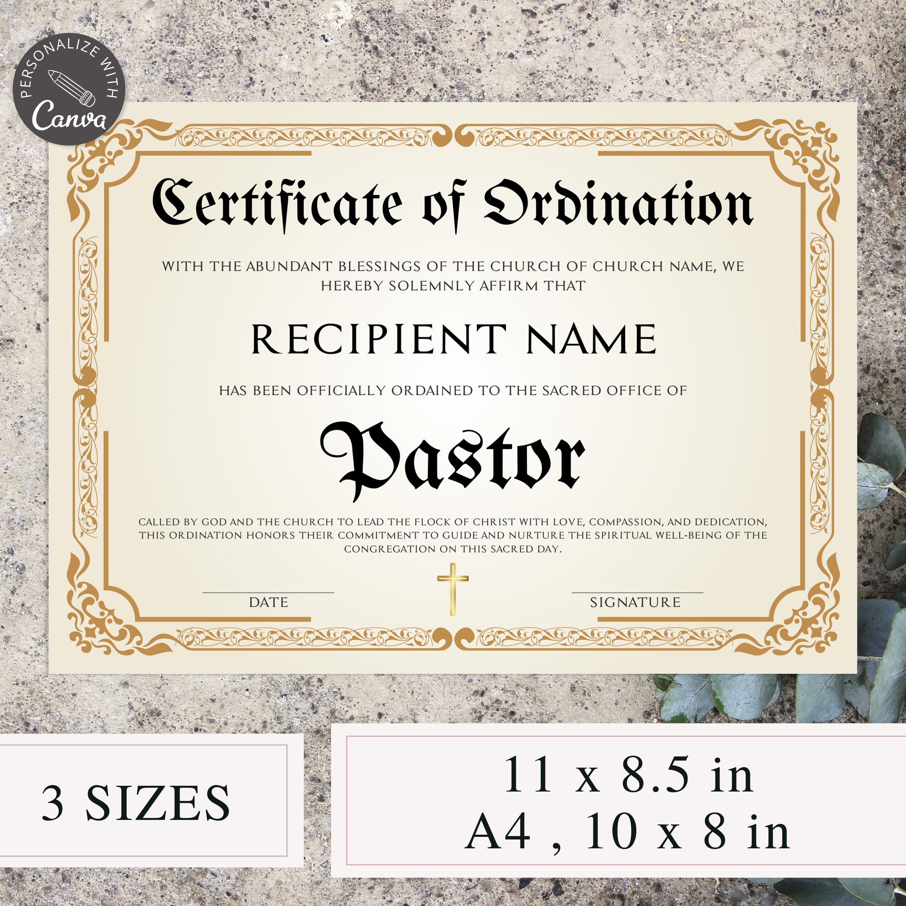 Editable Pastor Ordination Certificate Template, Printable Canva ...