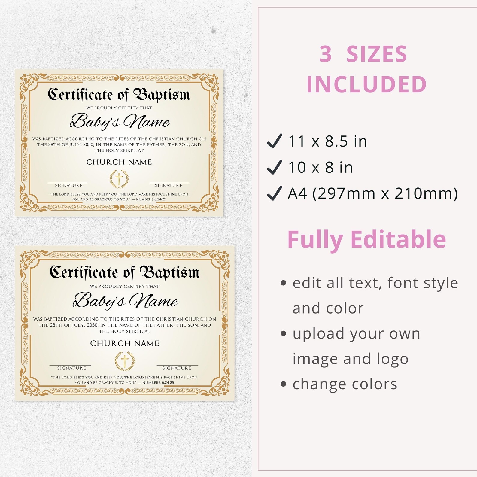 Editable Baptism Certificate Canva Template | Customizable Church ...