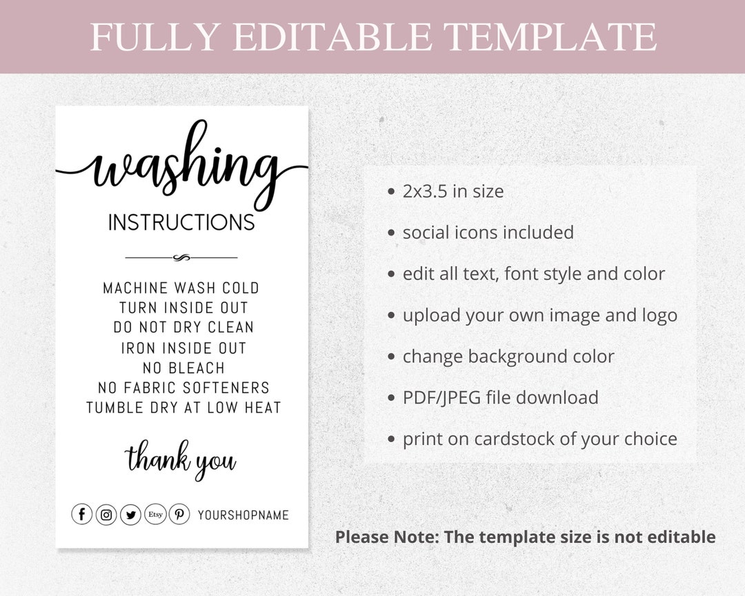 Editable Washing Instructions Card, Canva Template, Tshirt Etsy Shop ...