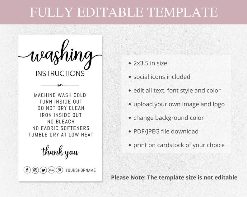 Editable Washing Instructions Card, Canva Template, Tshirt Etsy Shop ...