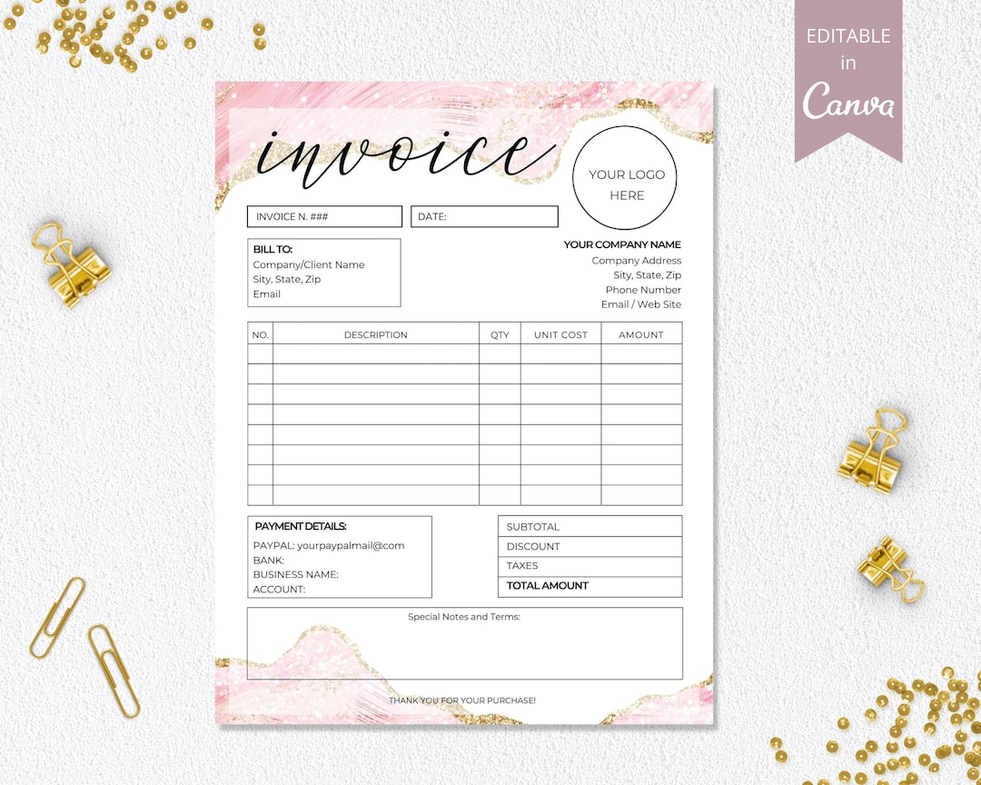 Invoice Template Editable, Rose Gold Custom Order Form Printable for ...