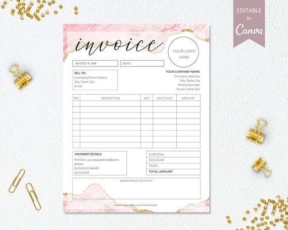 Invoice Template Editable Rose Gold Custom Order Form - Etsy