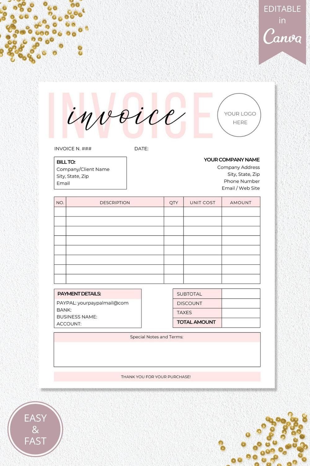 Invoice Template Editable Small Business Custom Order Form - Etsy