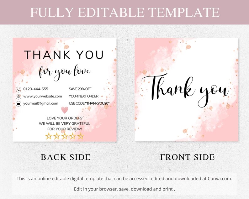 Thank You Card Template Canva Template Editable Thank You - Etsy