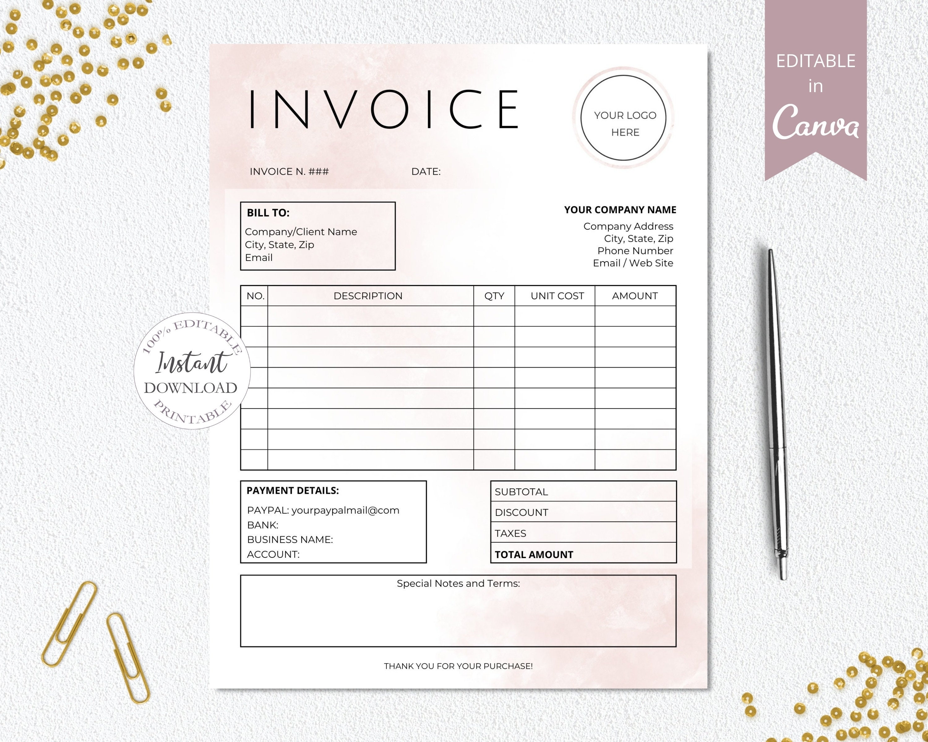 Invoice Template Printable Order Form Invoice Editable | Etsy