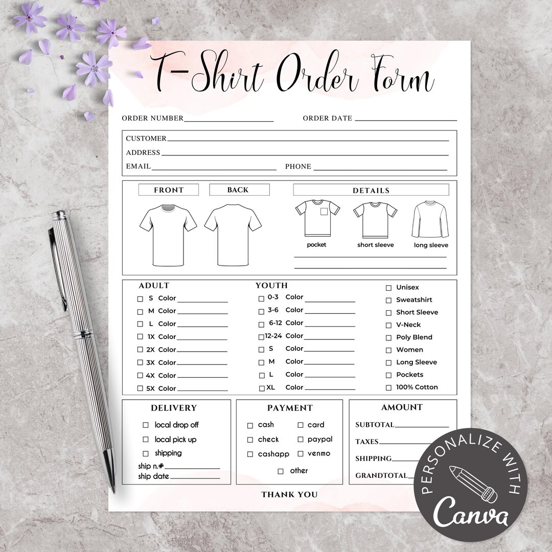 Editable T-shirt Order Form Template | Shirt Order Form | Printable ...