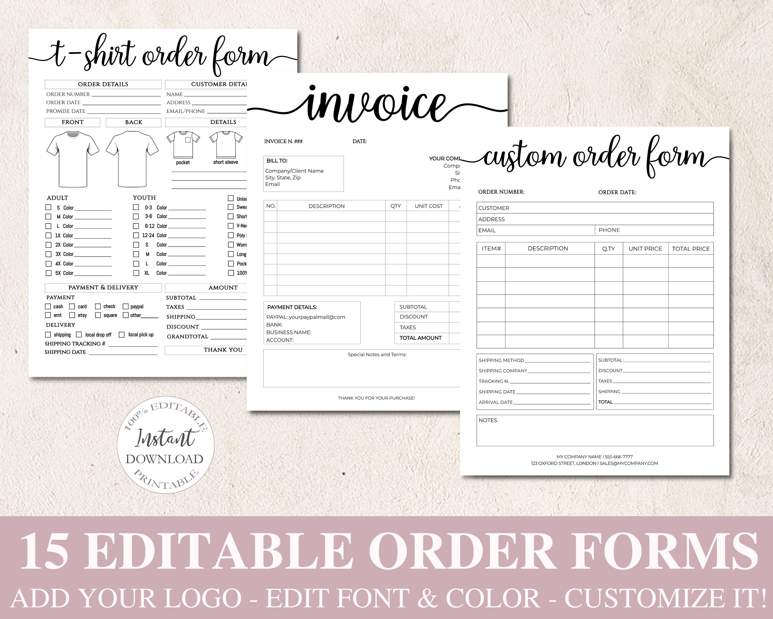 15 Editable Order Forms Bundle Invoice Tumbler Tshirt Custom | Etsy
