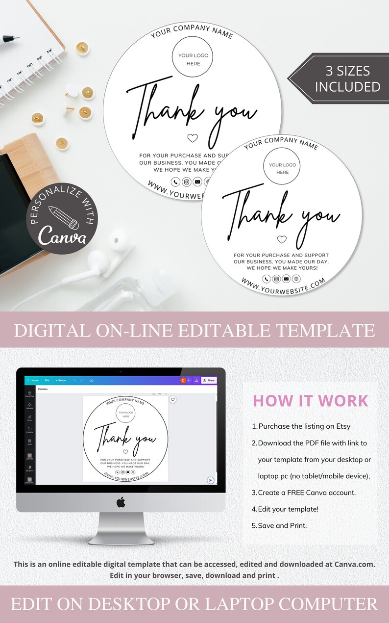 Editable Thank You Sticker, Editable Canva Template, Thank You Card for ...