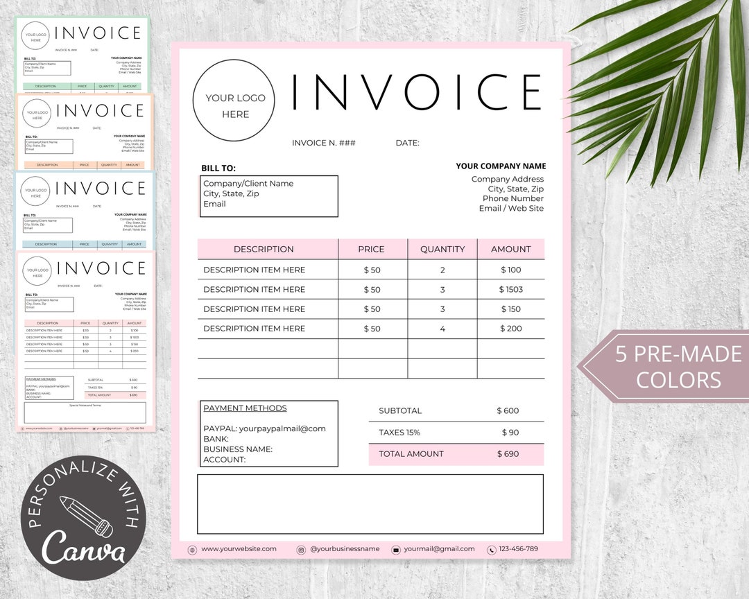Invoice Editable Template, Printable Order Form Invoice, 5 Premade ...