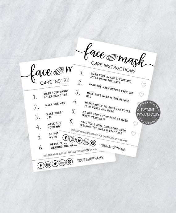 Editable Face Mask Care Instructions Card Template Printable | Etsy