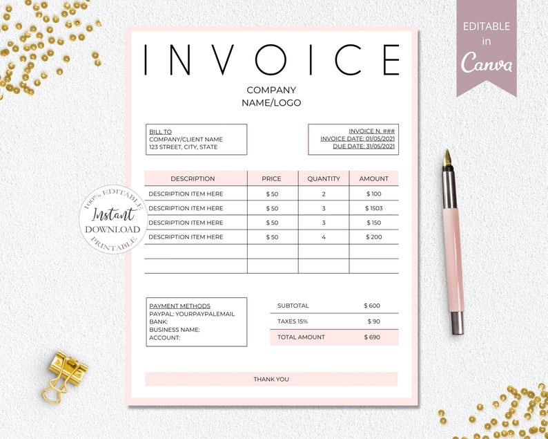 Invoice Order Form Canva Template Editable | Printable Craft Invoices ...