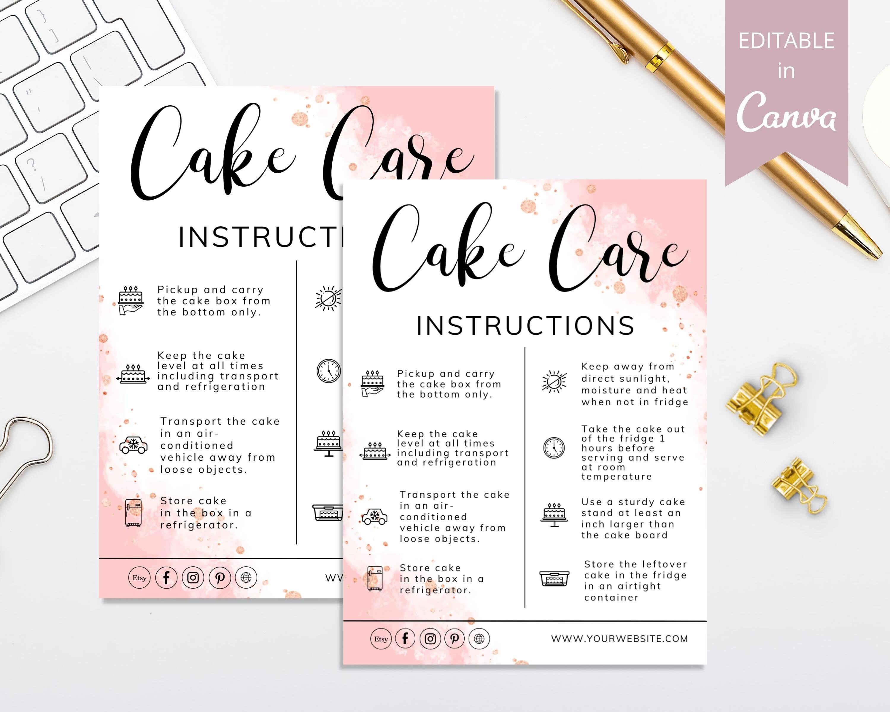 Cake Care Card Template I Editable Canva Template I Wedding - Etsy