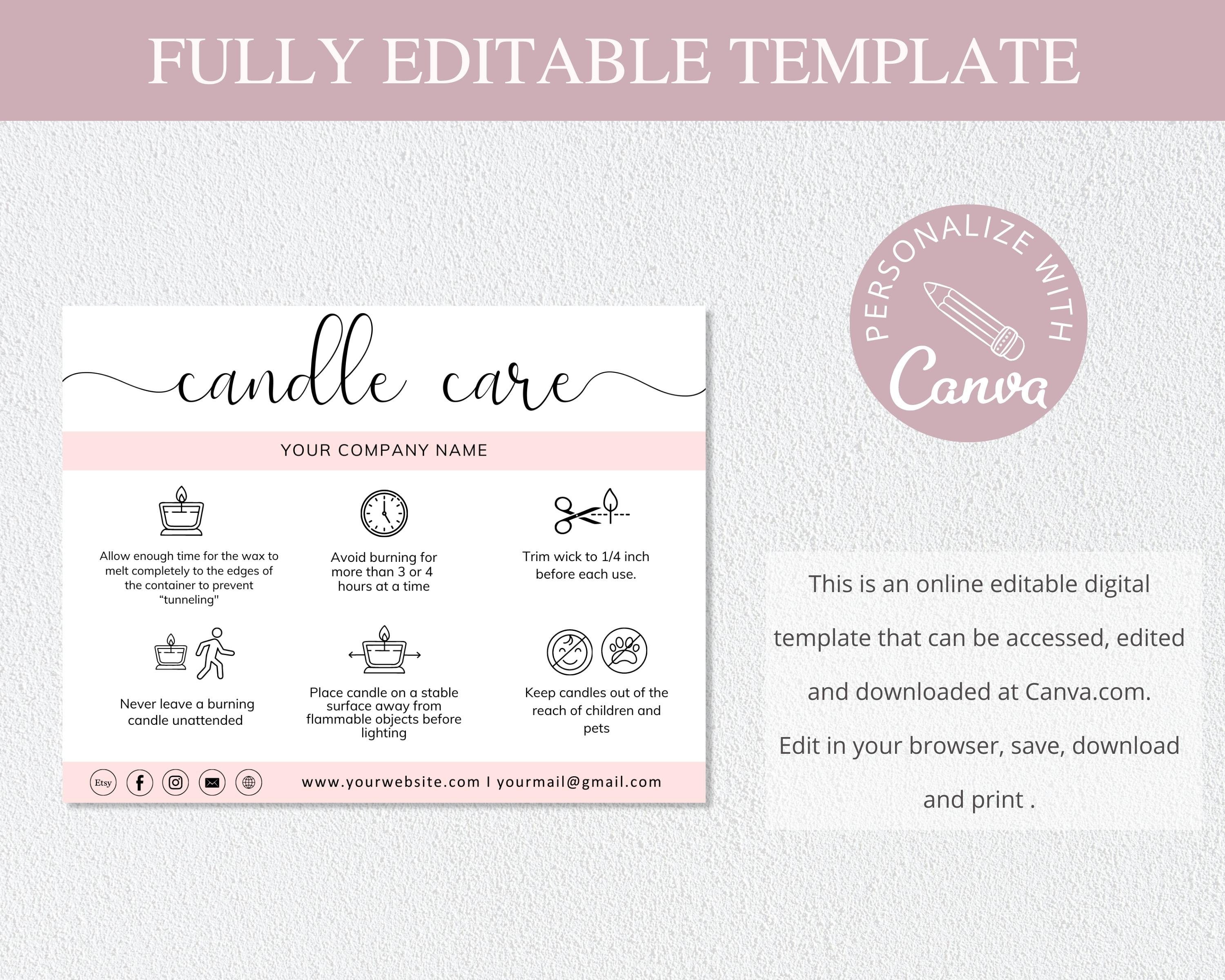 Editable Candle Care Card I Editable Canva Template I - Etsy