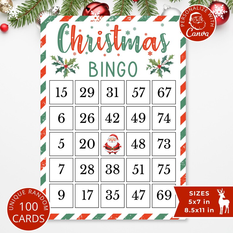 100 Christmas Bingo Cards With Numbers | Editable Canva Party Games ...