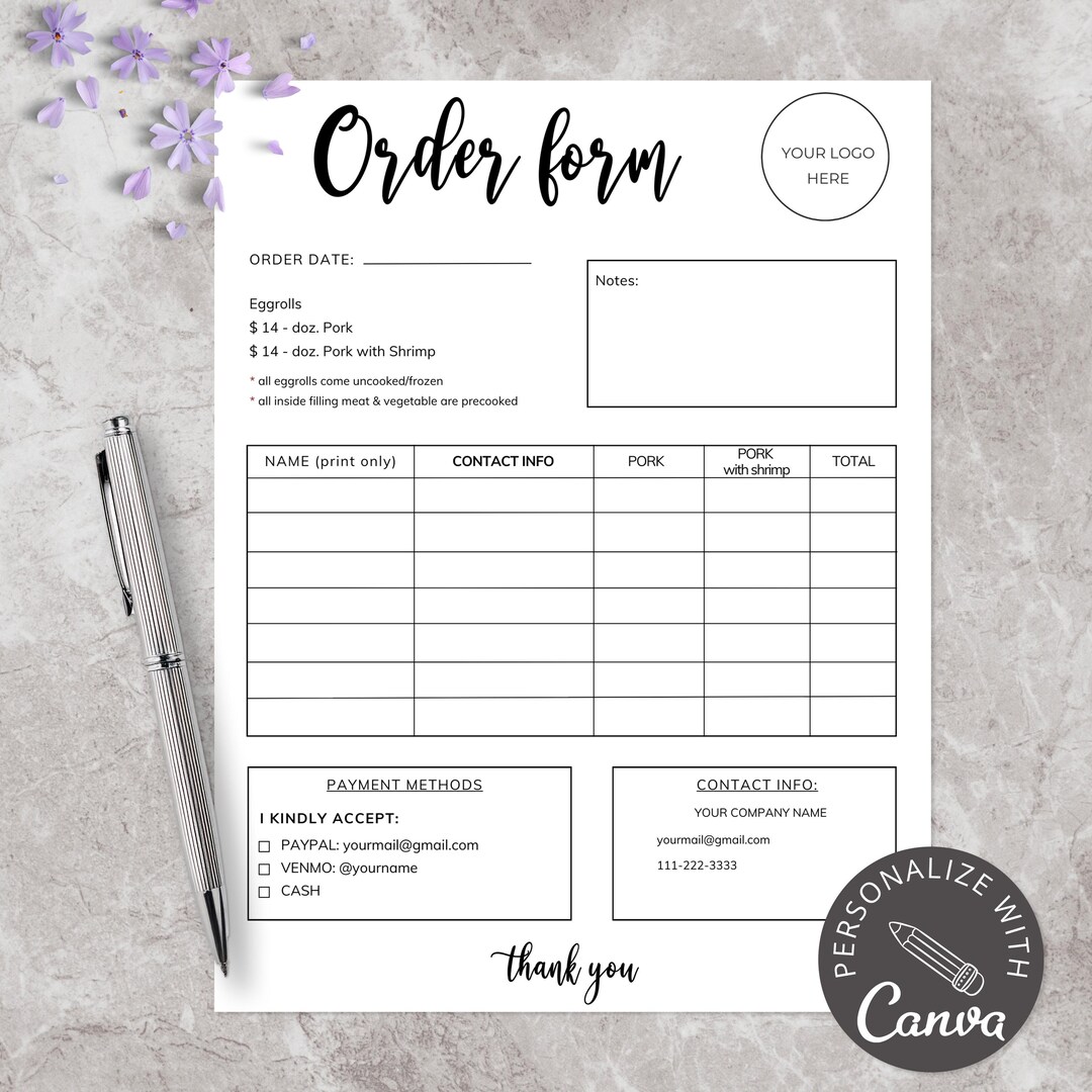Order Form Template, Canva Editable Order Forms, Small Business Forms ...