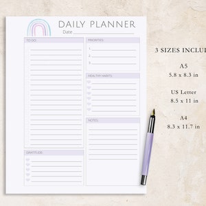 Rainbow Daily Planner Printable • 3 Pastel Colors • A4, A5, US Letter ...