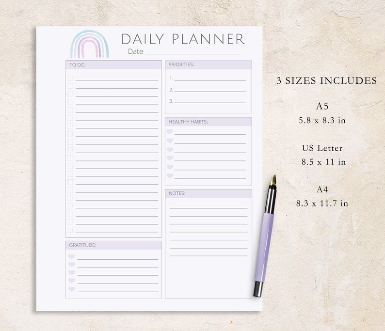 Rainbow Daily Planner Printable 3 Pastel Colors A4 A5 US - Etsy