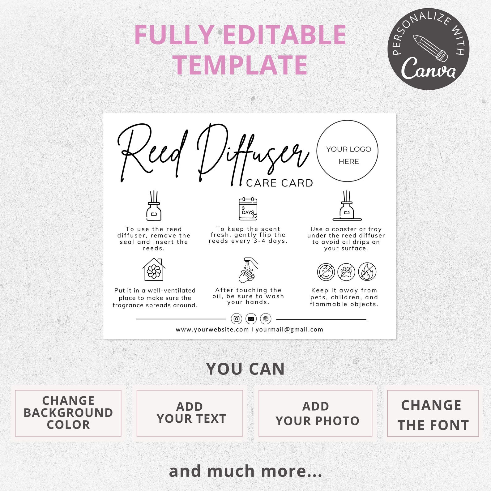 Editable Reed Diffuser Care Card Canva Template | Thank You & Care ...