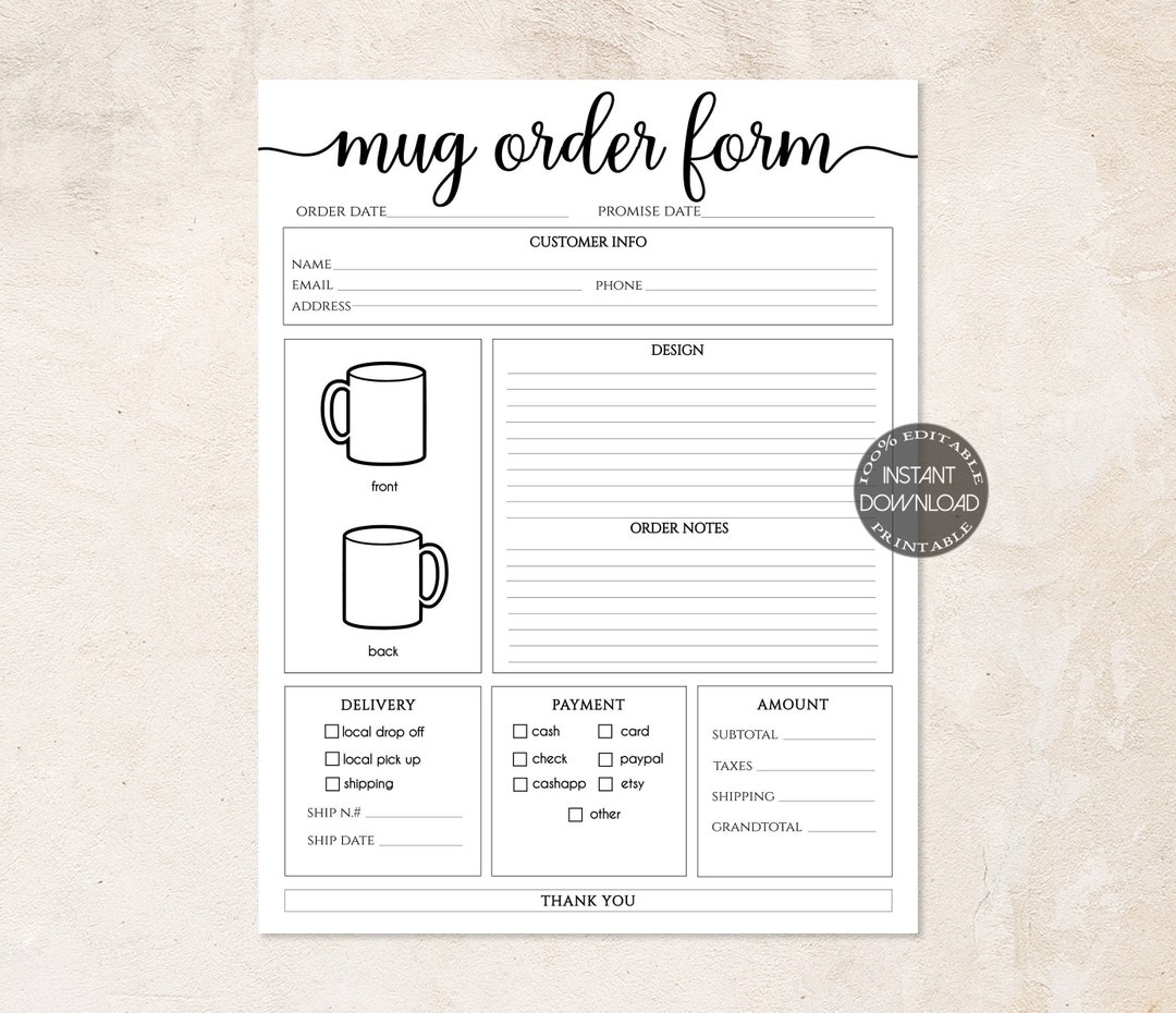 Mug Order Form Printable | Editable Etsy Shop Coffee Cup Order Forms ...