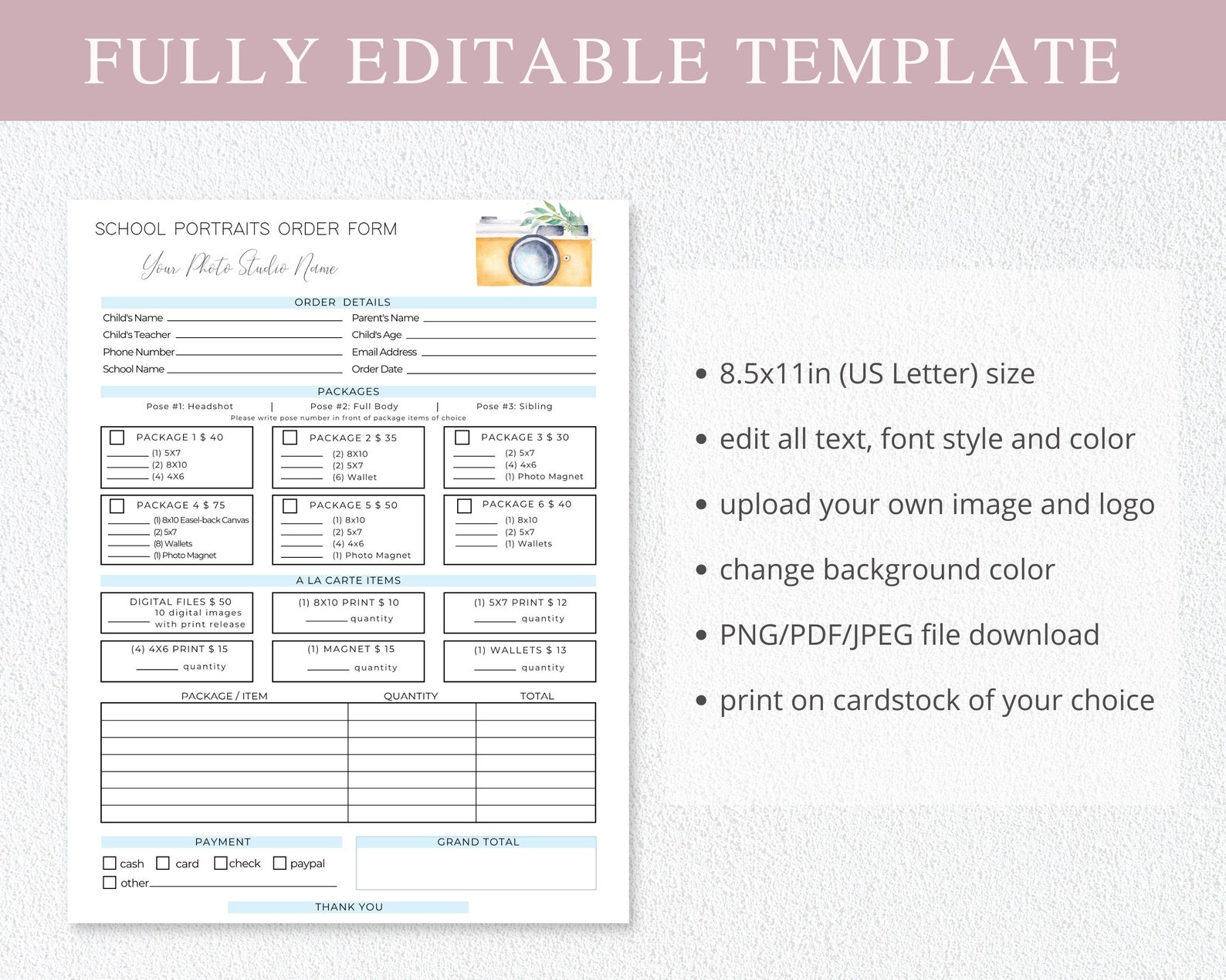 School Photography Order Form Template Preschool Photos - Etsy