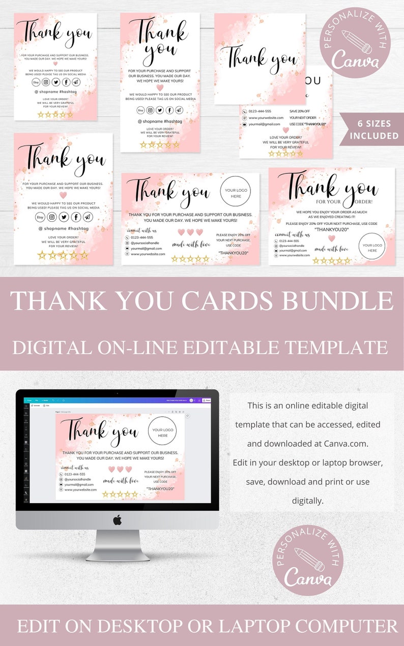 Thank You Card Template Canva Template Editable Thank You - Etsy