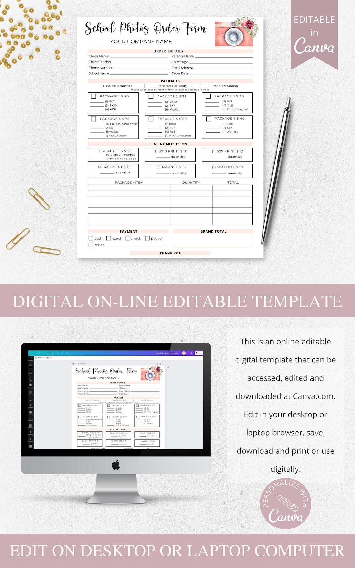School Photography Order Form I Editable Canva Template I Preschool ...