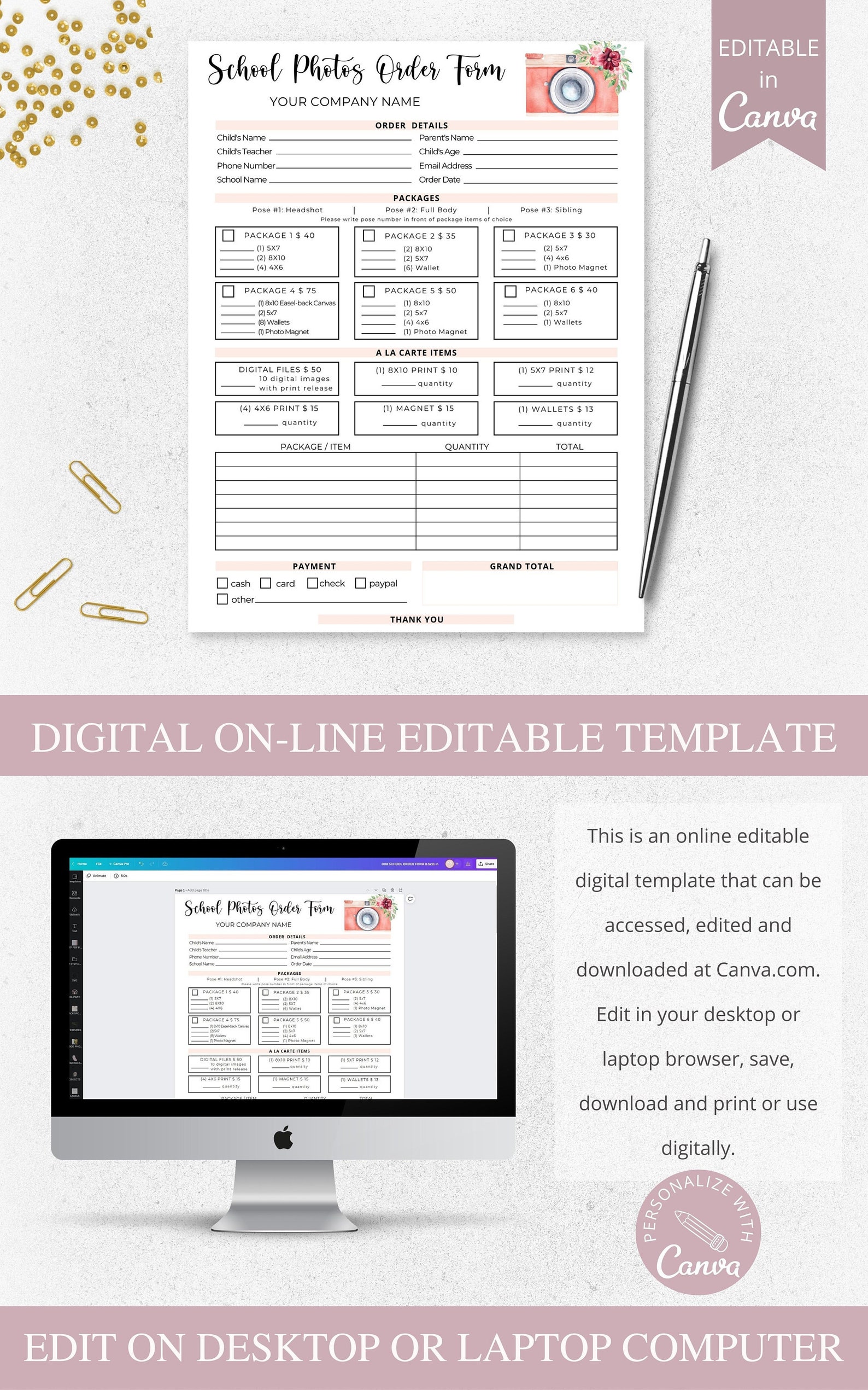 School Photography Order Form I Editable Canva Template I - Etsy