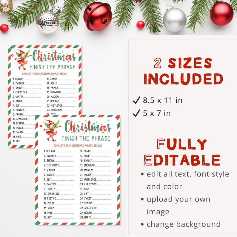 Christmas Finish My Phrase Game | Fun Group Holiday Game Canva Template ...