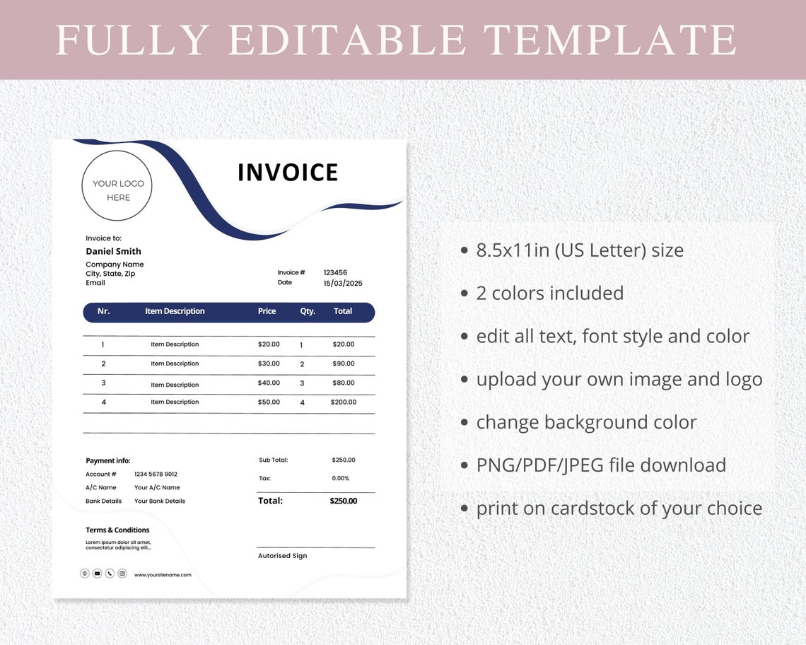 Invoice Template Editable, Small Business Custom Order Form Printable ...