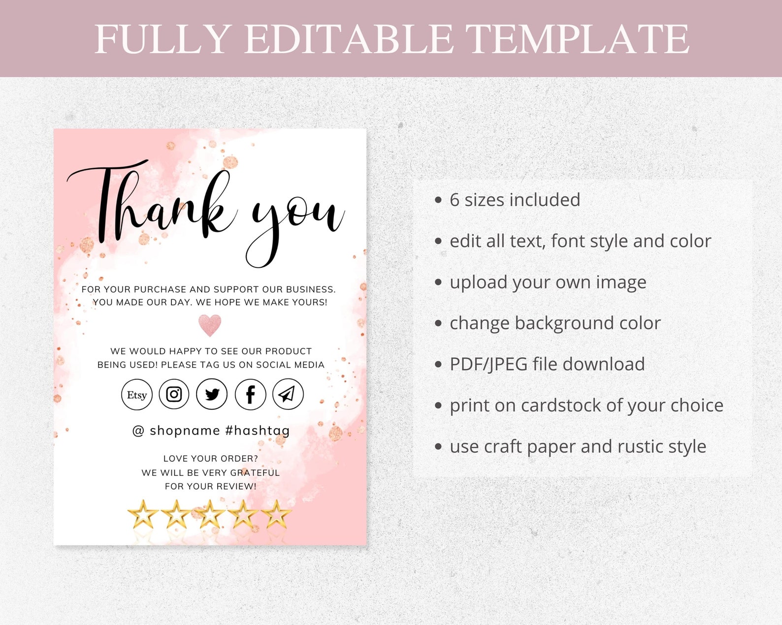 Thank You Card Template Canva Template Editable Thank You - Etsy