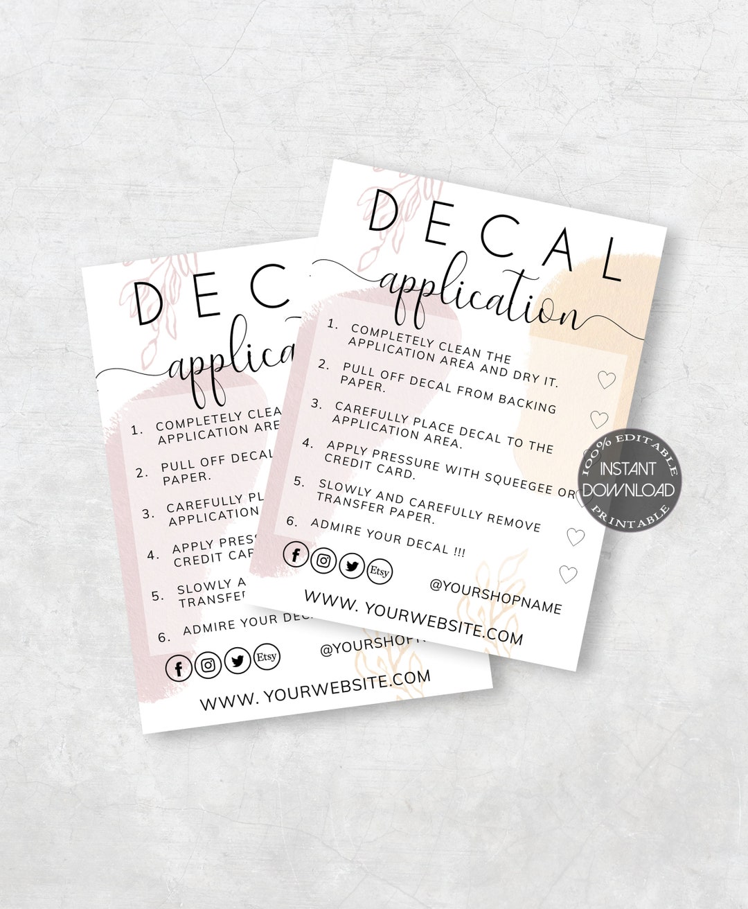 Decal Instructions Editable, Printable Decal Application Care Card ...