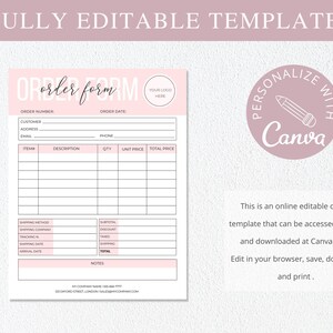 Editable Pink Order Form, Canva Template, Small Business Order Forms ...
