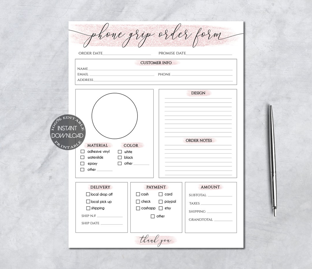Phone Grip Order Form Editable, Printable Crafters Order Form, Small ...
