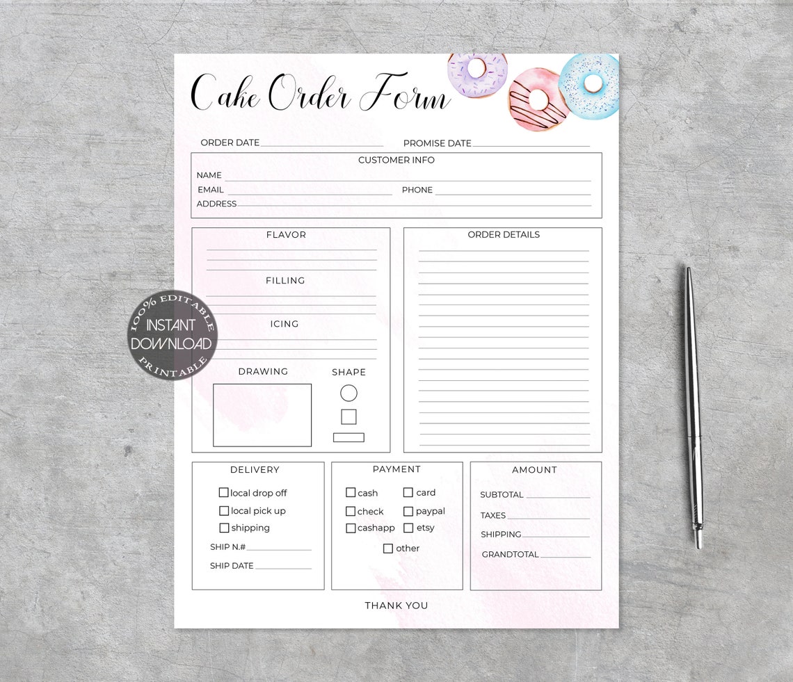 Cake Order Form Editable Template Bakery Order Form Receipt | Etsy